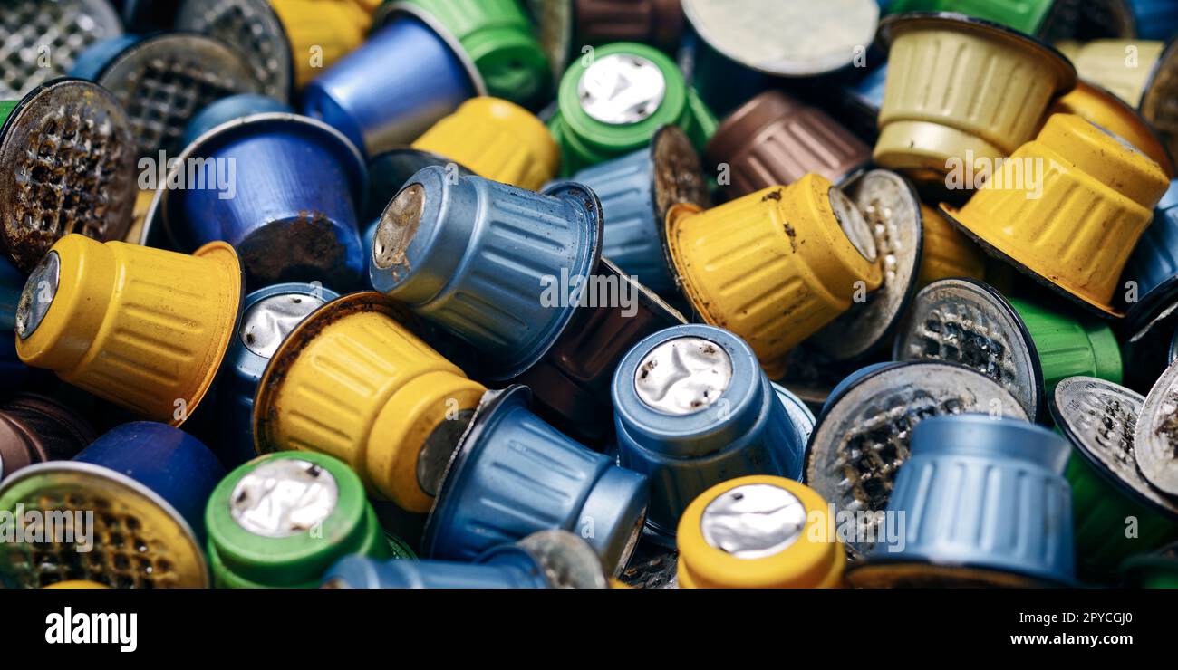 Used coffee capsules. Panoramic image with focus on foreground Stock ...