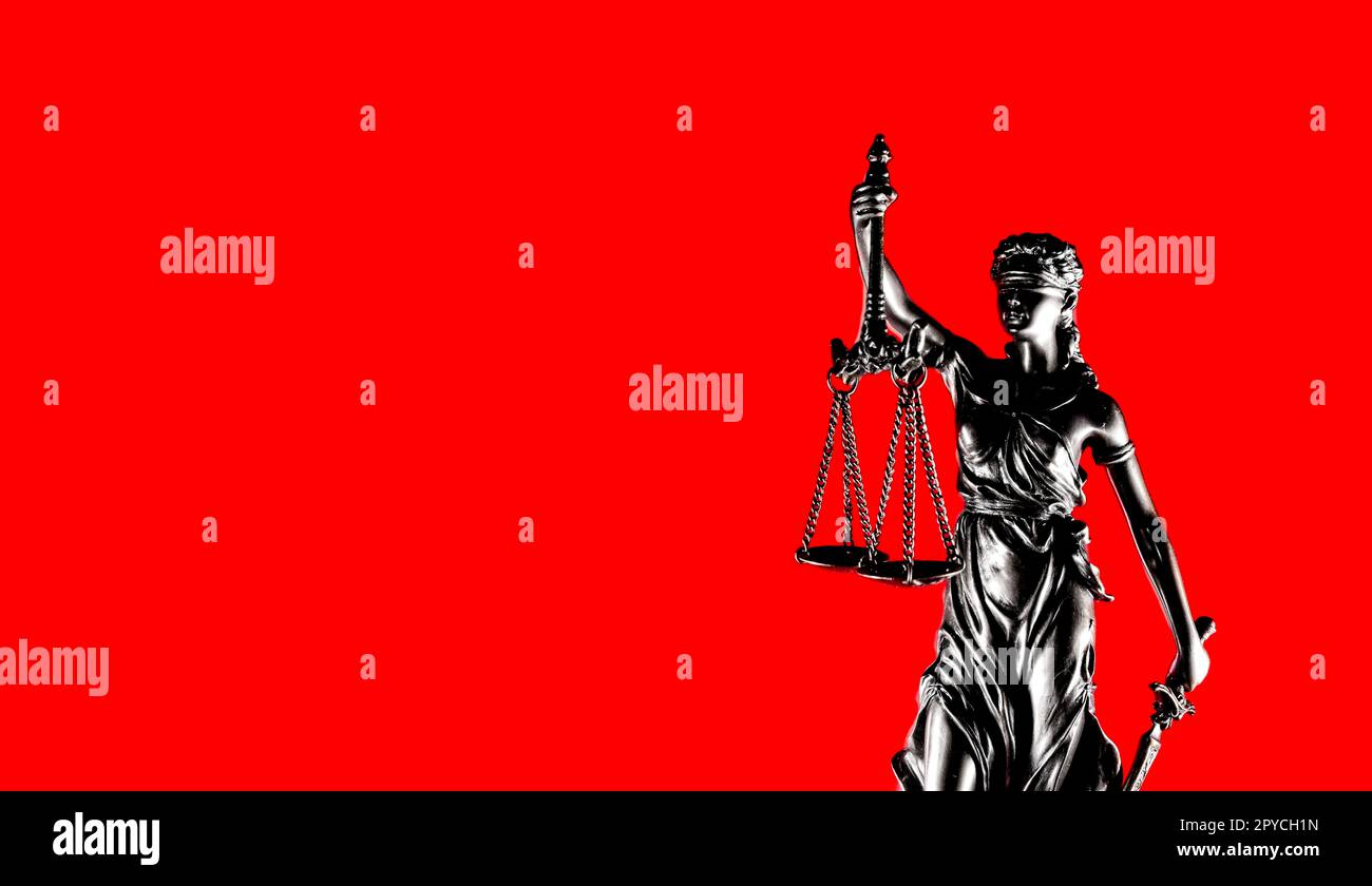 Justitia, the Roman goddess of Justice with red background. Panoramic ...