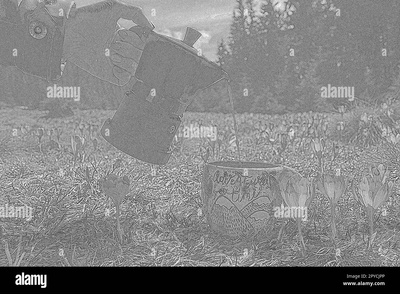 Pouring coffee into mug from camping kettle engraving hand drawn sketch ...