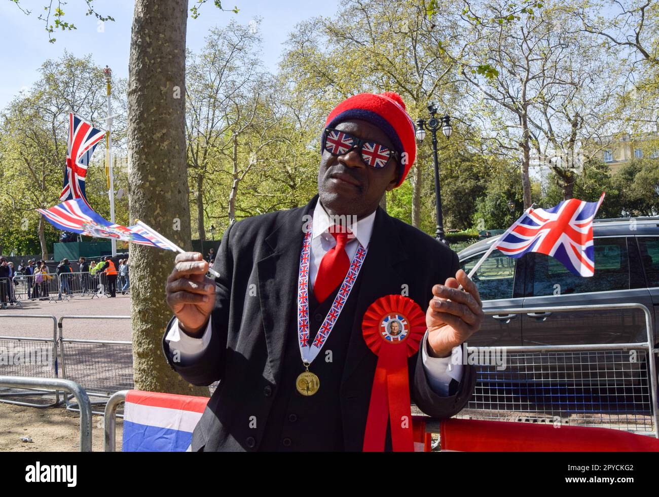 London, England, UK. 3rd May, 2023. A royal superfan on The Mall near ...