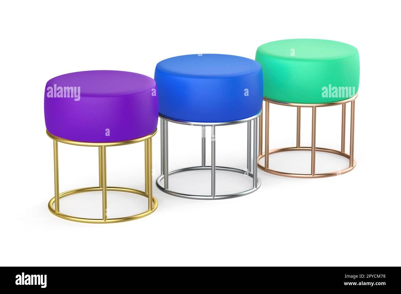 Three stools with different colors on white background Stock Photo - Alamy