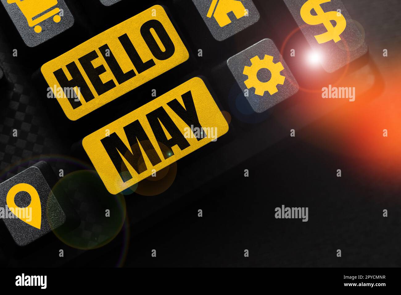 Hand writing sign Hello May. Word Written on to address the fifth month ...