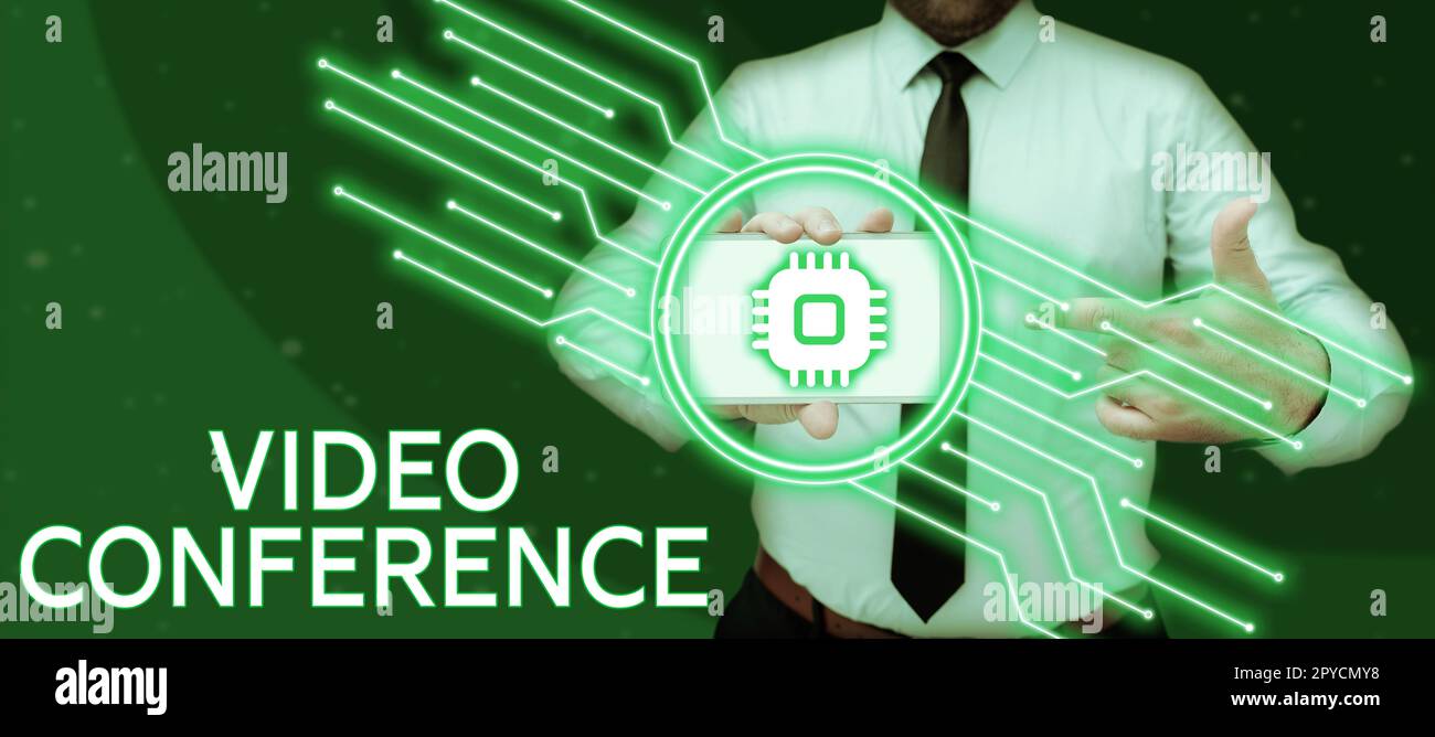 Conceptual caption Video Conference. Business overview people in remote ...