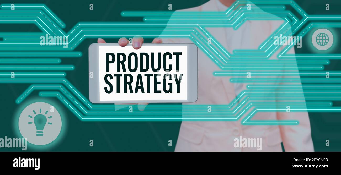 Sign displaying Product Strategy. Business showcase long term plan ...