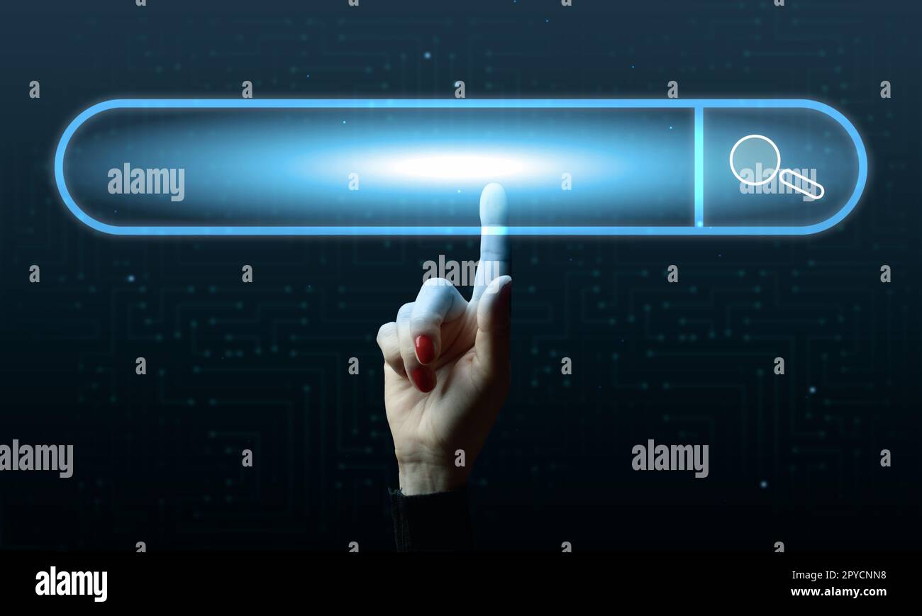 A female hand and a virtual loading bar icon for input and search of ...