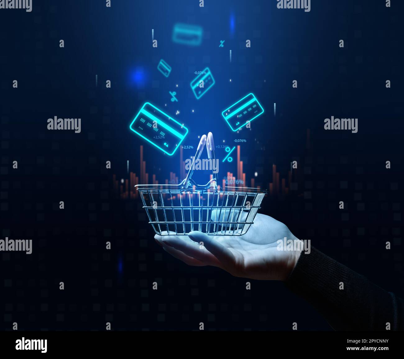 A woman's hand holds a metallic shopping cart and payment card icons ...