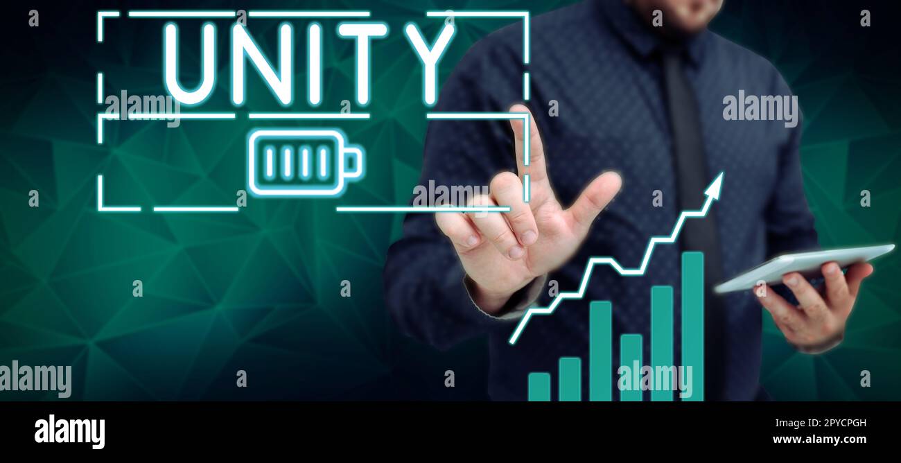 Hand writing sign Unity. Business showcase state of being united or ...