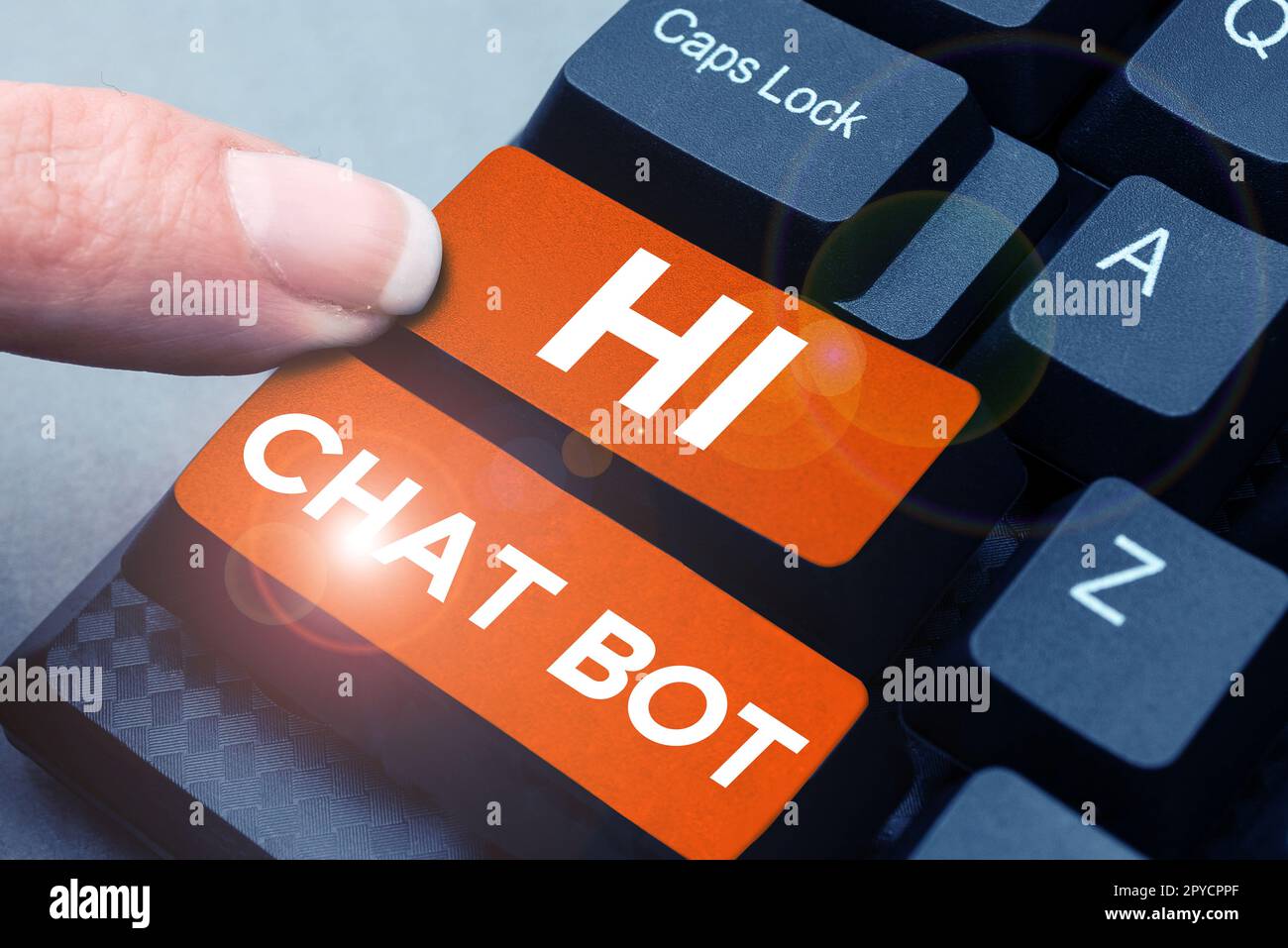 Hand writing sign Hi Chat Bot. Internet Concept Greeting to robot ...