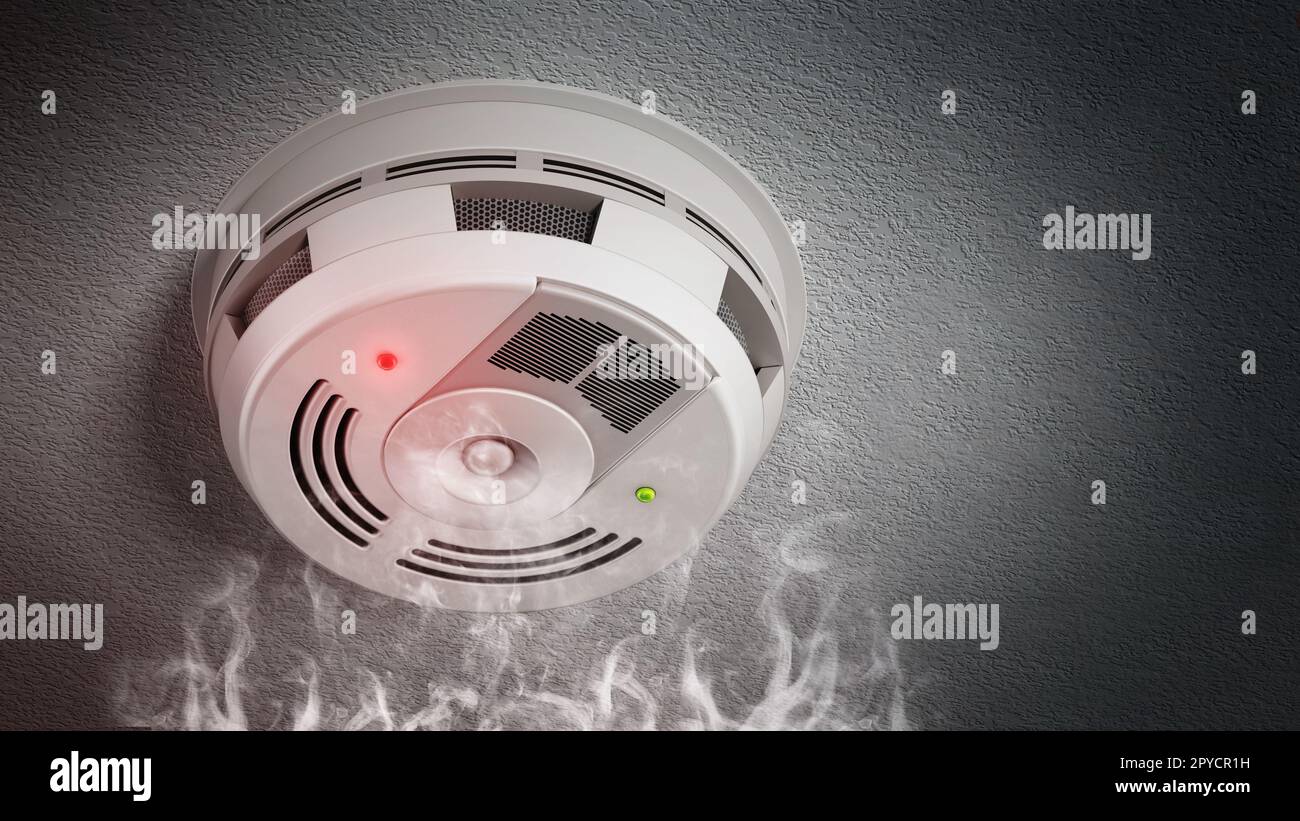Alarming smoke detector on the ceiling. 3D illustration Stock Photo - Alamy