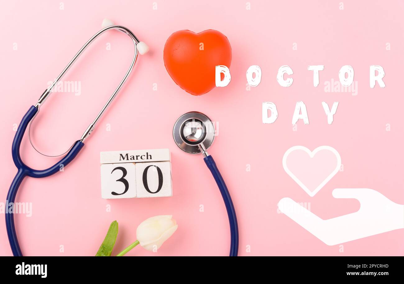 Doctor's Day concept, flat lay top view, equipment medical red heart ...