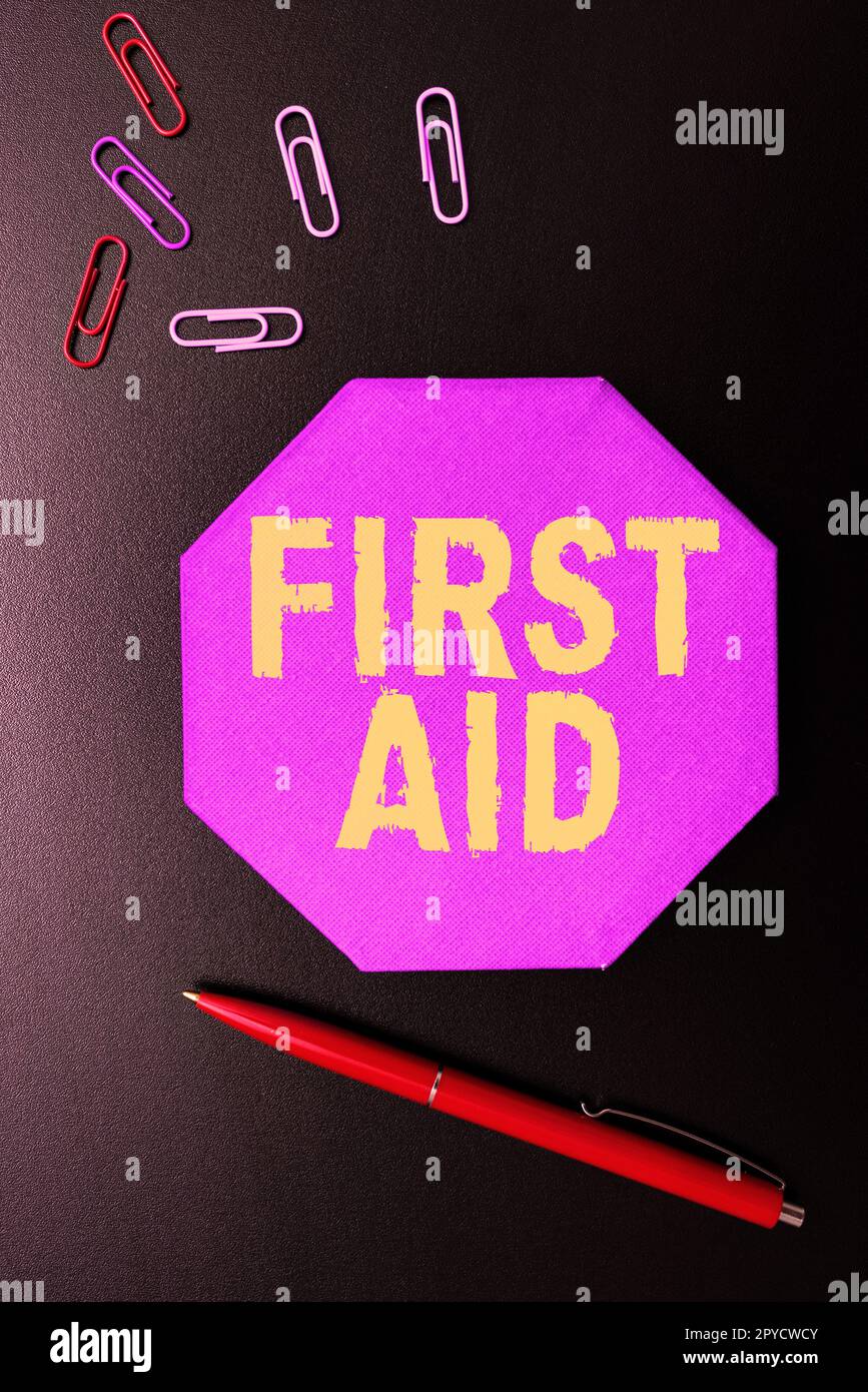 Text showing inspiration First Aid. Word Written on Practise of healing ...