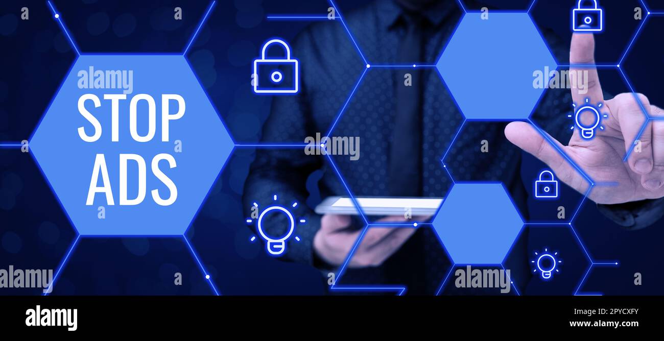 Conceptual display Stop Ads. Business overview program that will remove ...