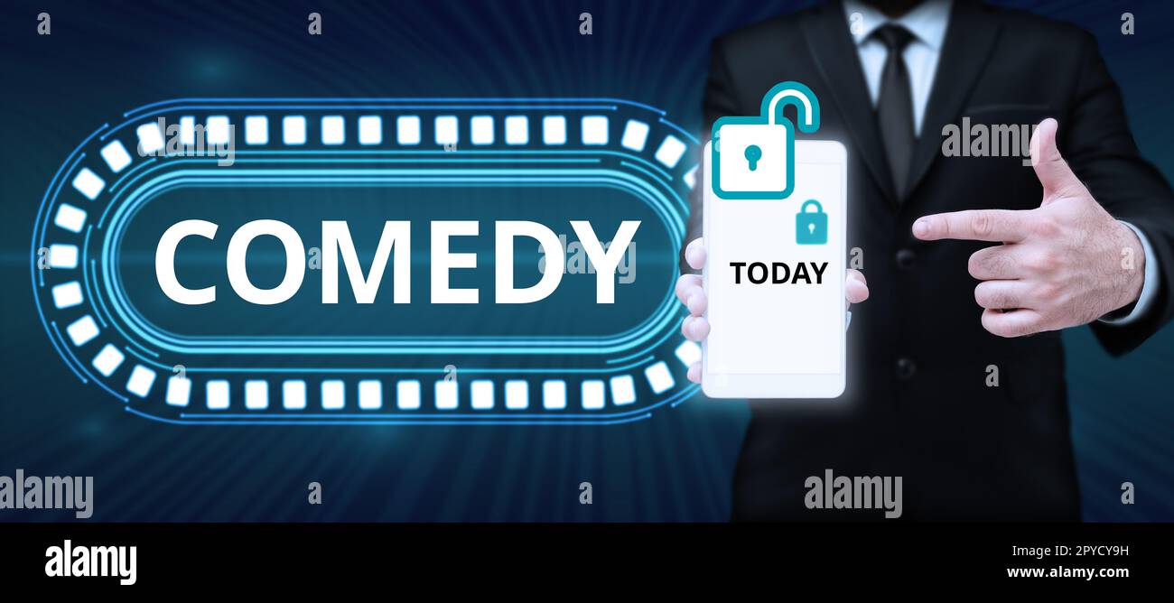 Text showing inspiration Comedy. Business concept Funny program ...