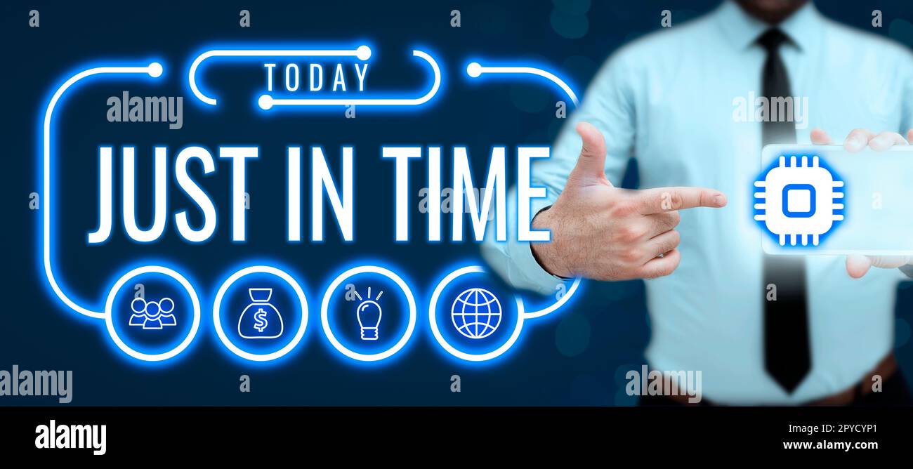 Text sign showing Just In Time. Business overview Arriving exactly at ...