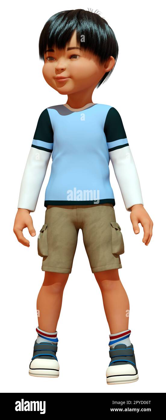 3D rendering of a cartoon little Asian boy isolated on white background ...