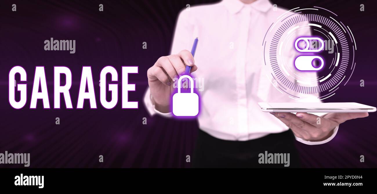 Hand writing sign Garage. Word for building for housing a motor vehicle ...