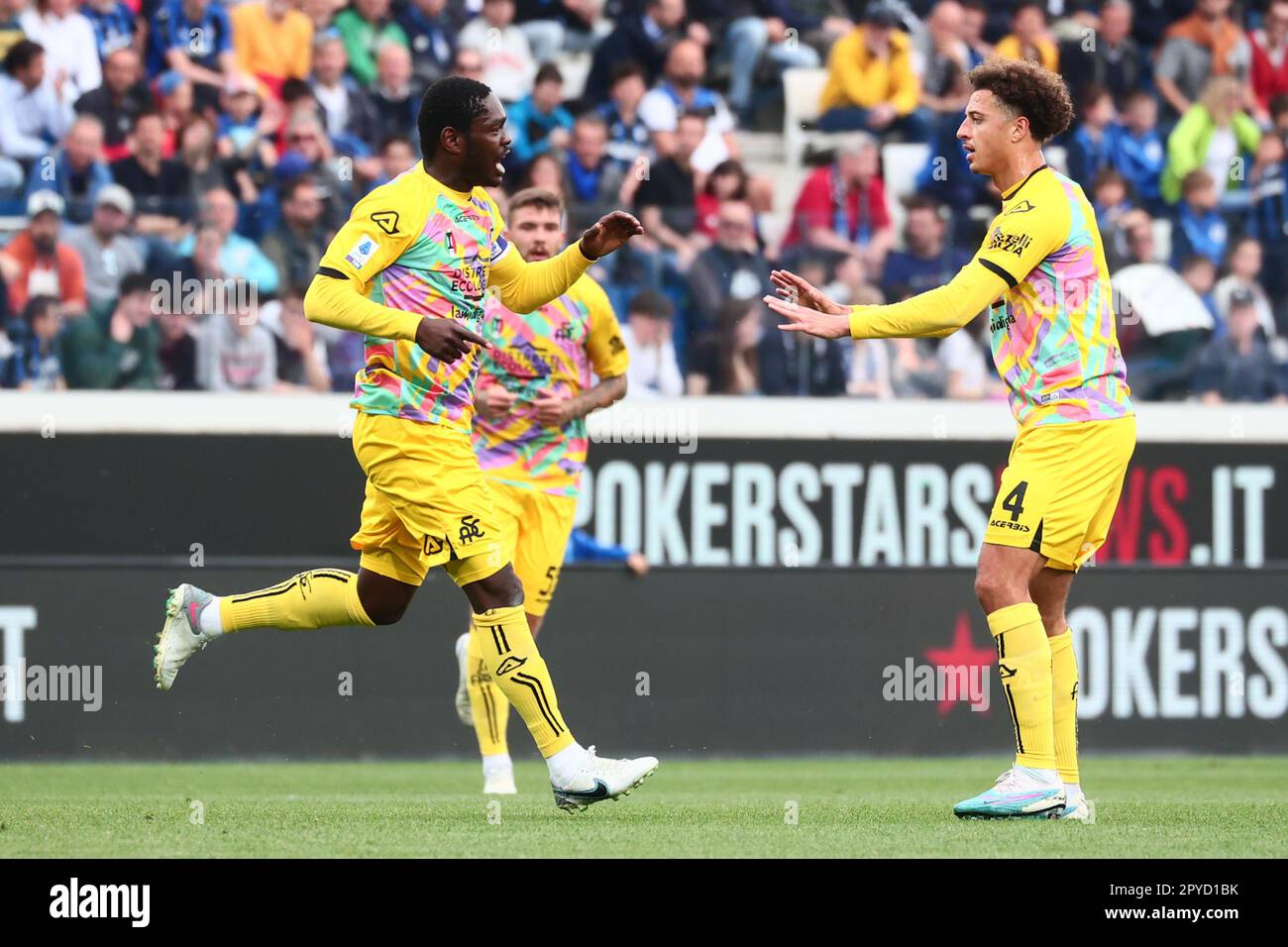 May 3, 2023, BERGAMO, Italia: Spezia's Emmanuel Gyasi celebrates with ...