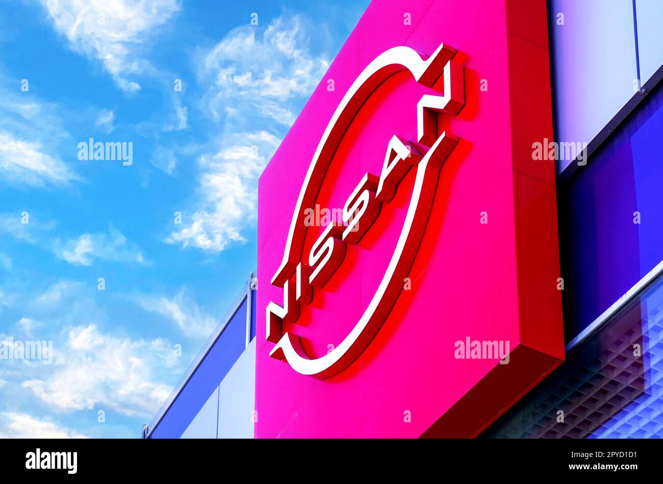 Samara, Russia - April 27, 2023: Official dealership sign of Nissan ...