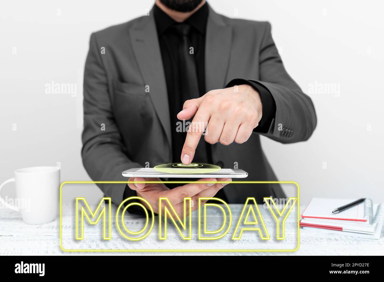 Hand writing sign Monday. Business approach the day of the week after ...