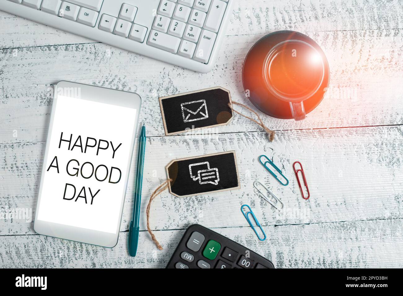 Hand writing sign Happy A Good Day. Word Written on Best wishes for you ...