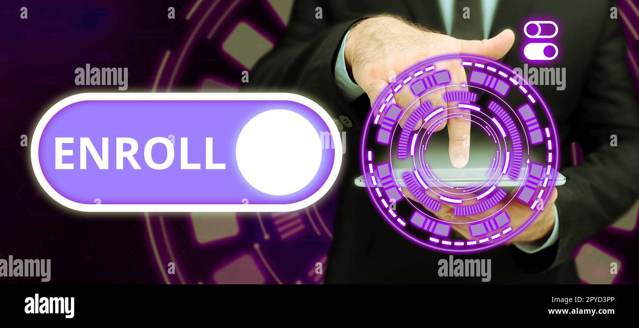 Writing displaying text Enroll. Word for officially register as member ...