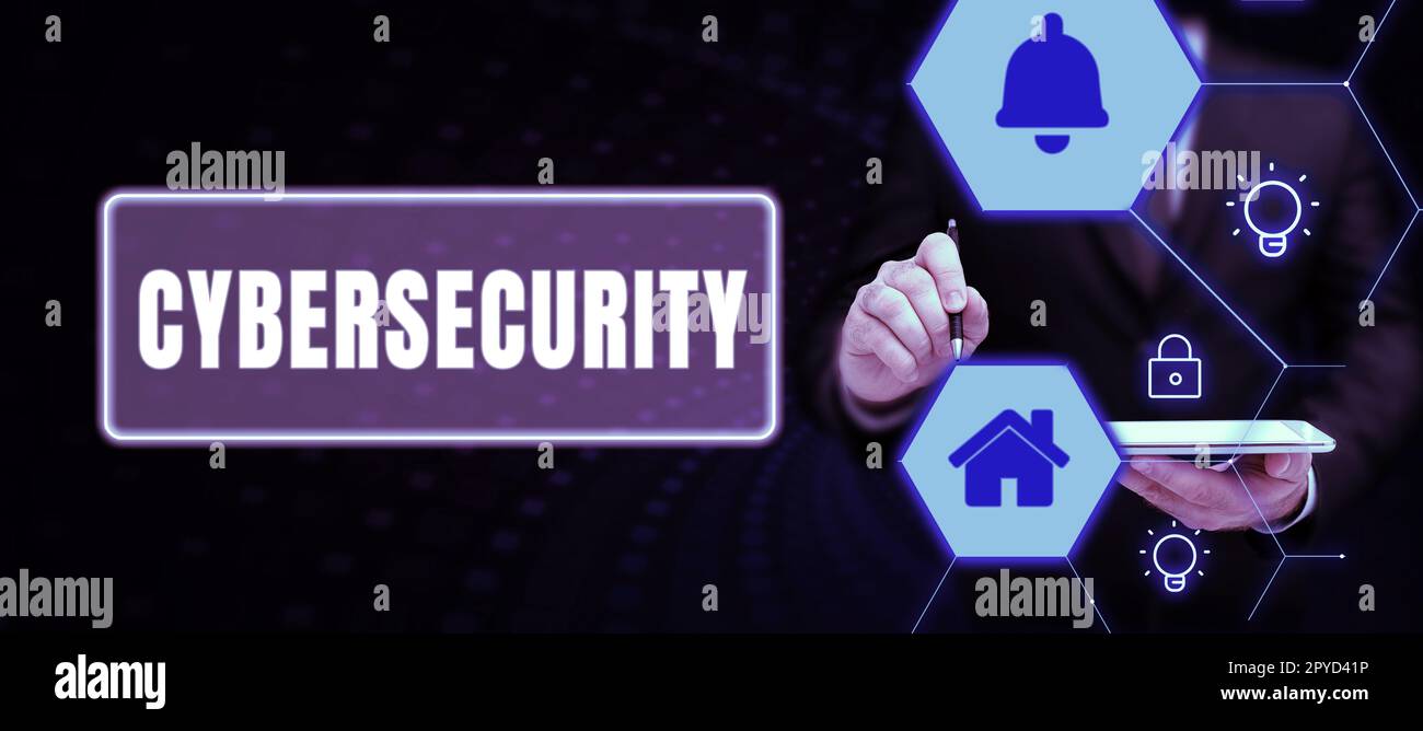 Hand writing sign Cybersecurity. Internet Concept state of protection ...