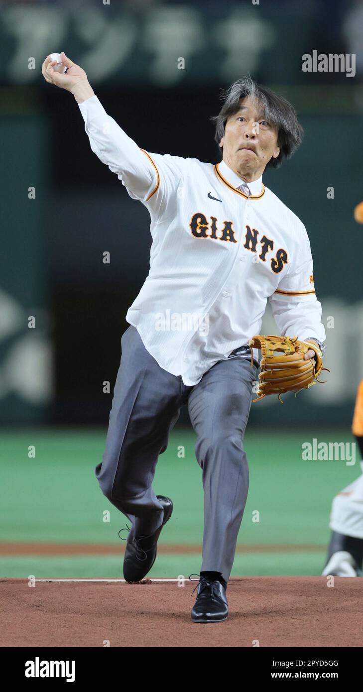 Hideki Matsui, former MLB Yankees and Tokyo Yomiuri Giants player throws out the ceremonial ...