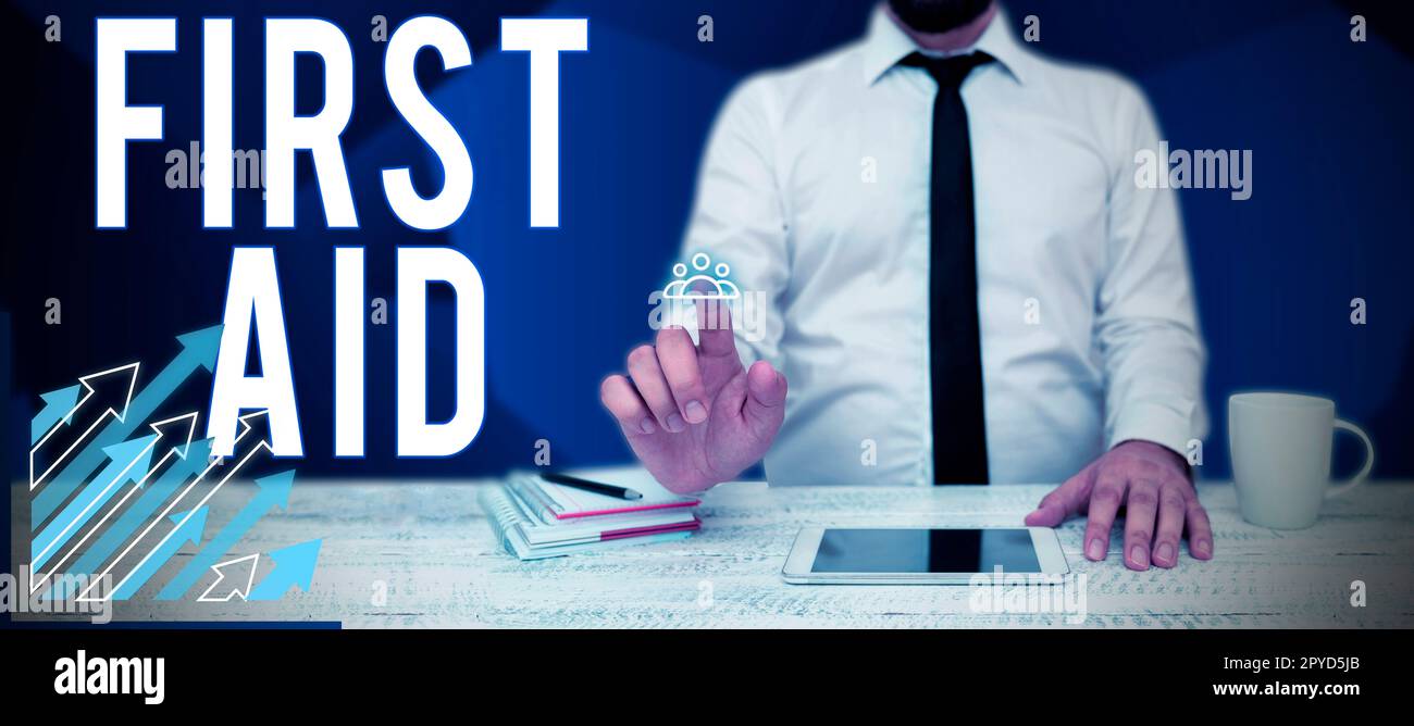 Hand writing sign First Aid. Word for Practise of healing small cuts ...