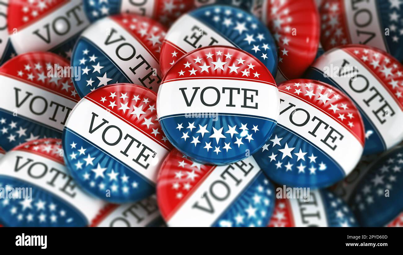 Stack of blue, red and white colored vote buttons decorated with star ...