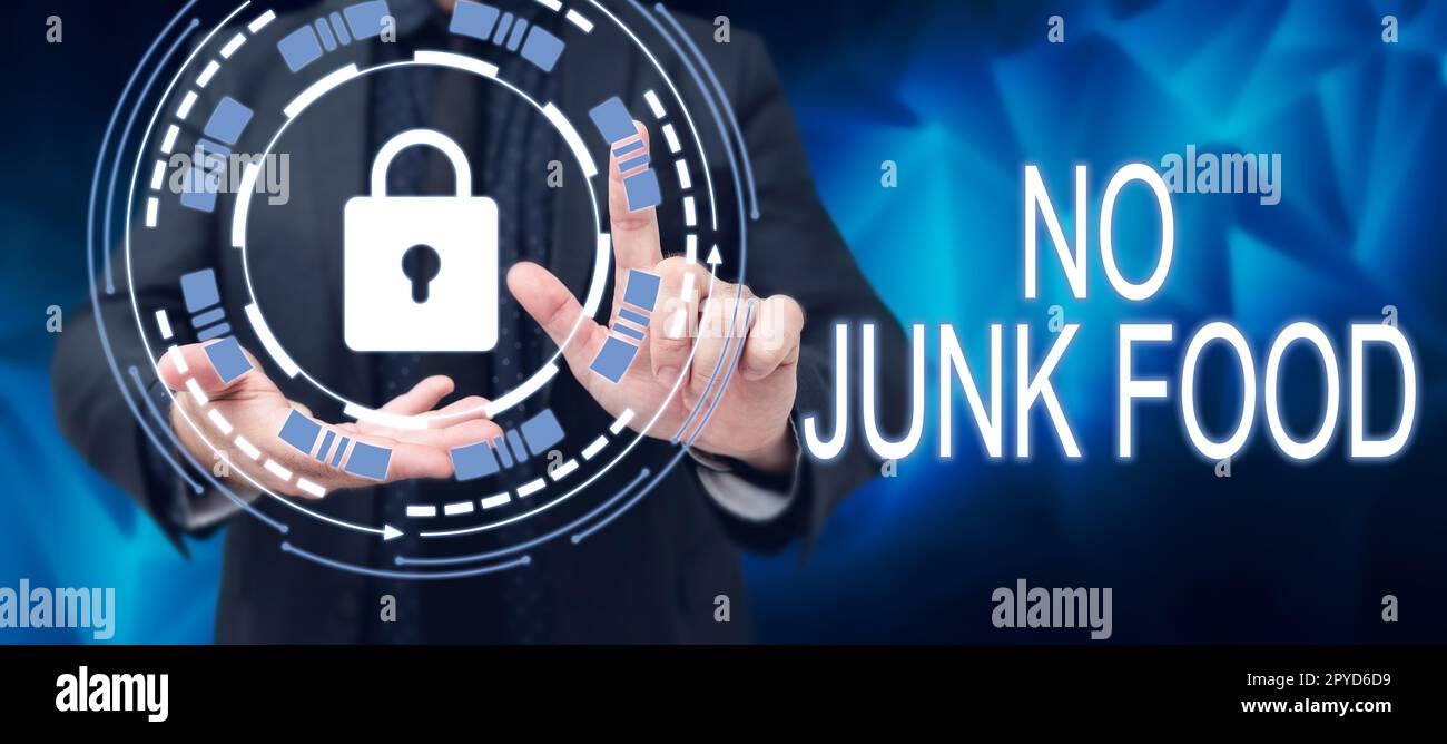 Sign displaying No Junk Food. Business overview Stop eating unhealthy ...