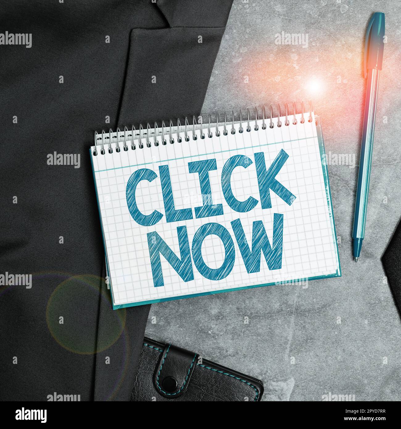 Sign displaying Click Now. Business overview pressing the button ...