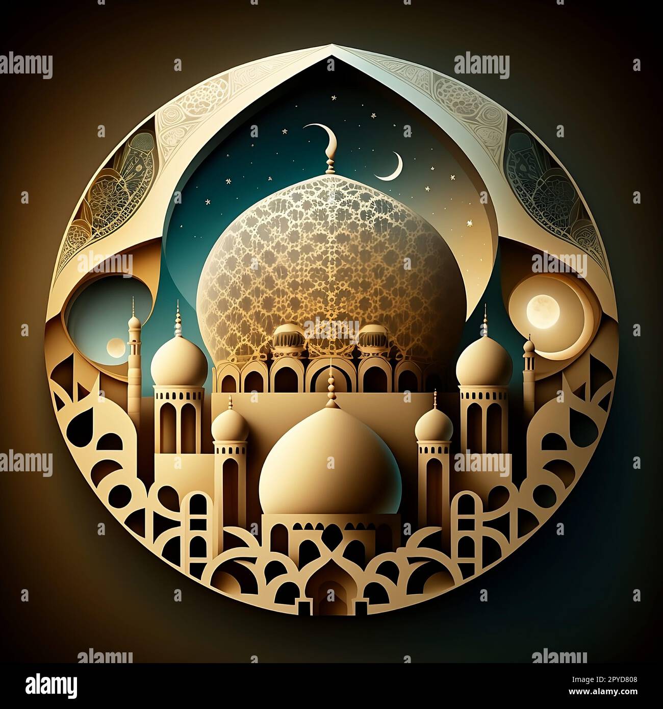 Graphic image of a mosque at dusk with gates and Islamic geometric ...