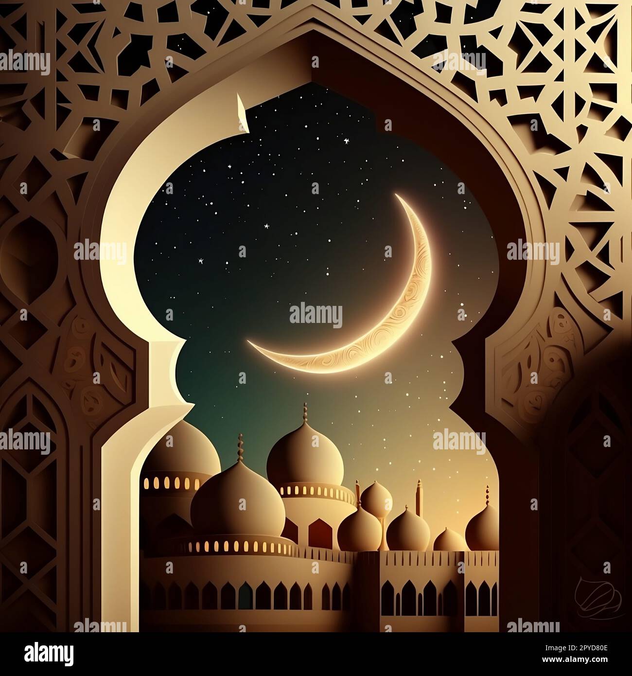 Graphic image of a mosque at dusk with gates and Islamic geometric ...