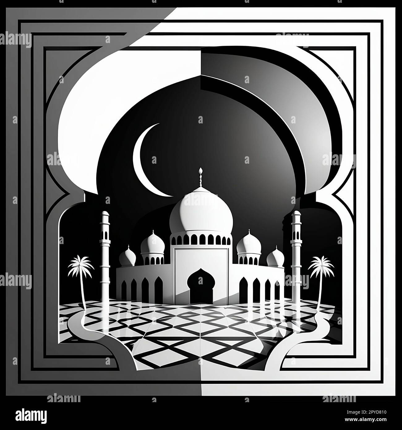 Graphic image of a mosque at dusk with gates and Islamic geometric ...