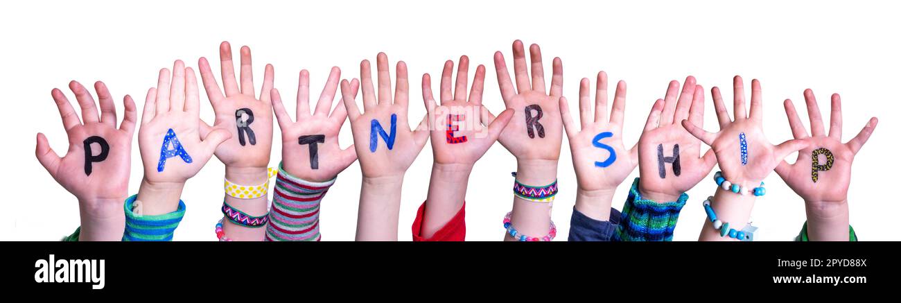 Children Hands Building Word Partnership, White Background Stock Photo ...