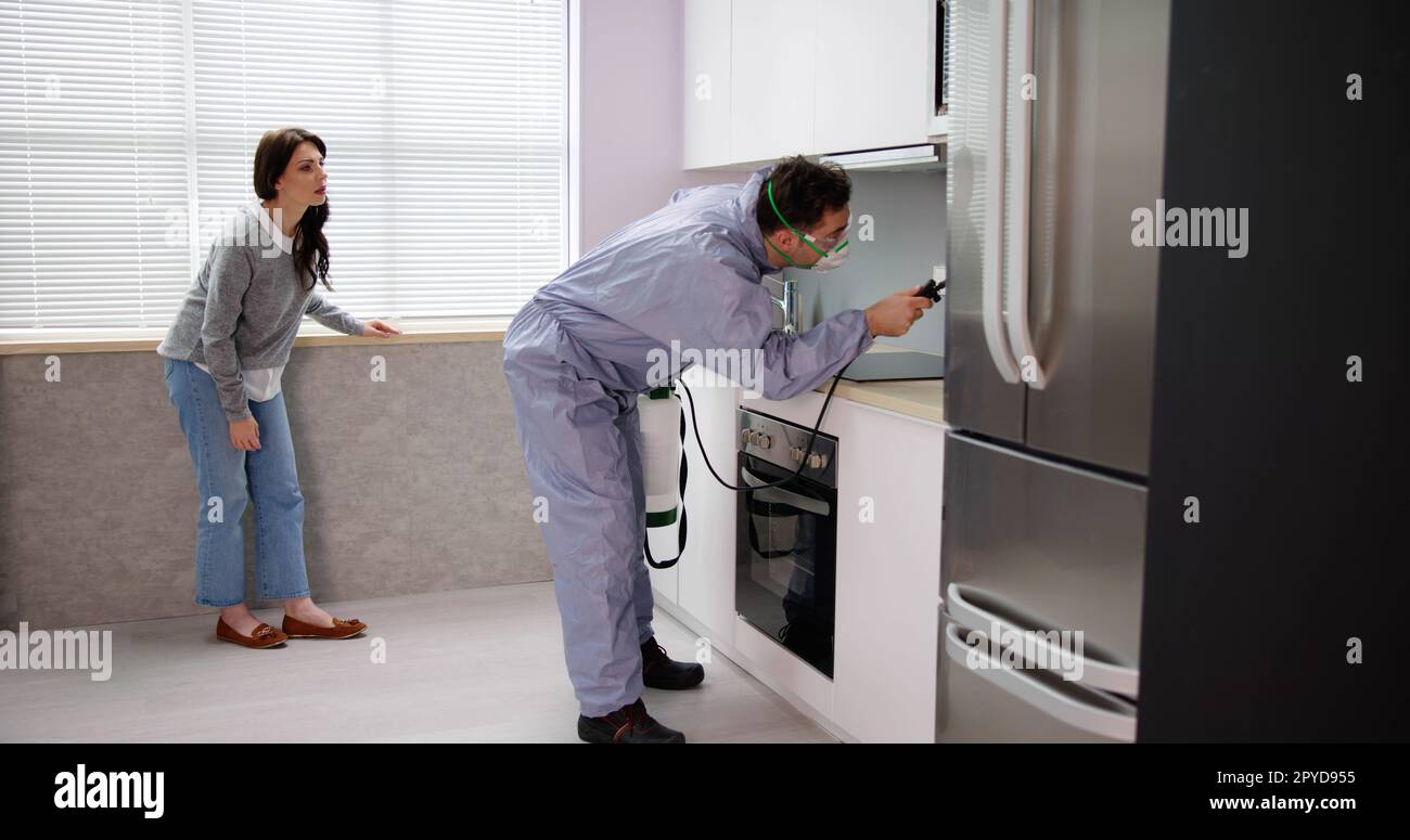 Exterminator Worker Spraying Insecticide Chemical Stock Photo - Alamy