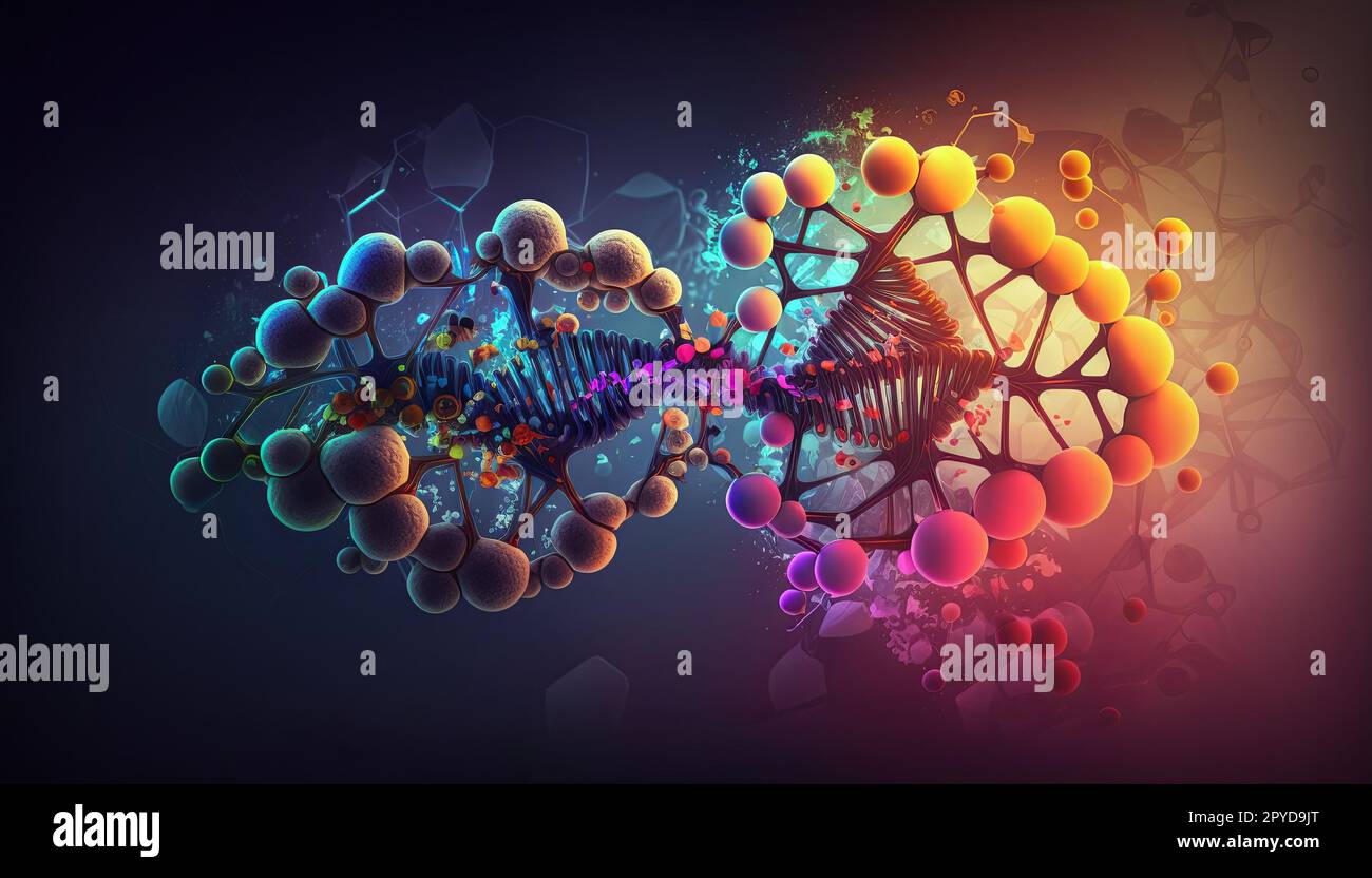 Biochemistry image with DNA Molecule close up detail. Intense colored ...