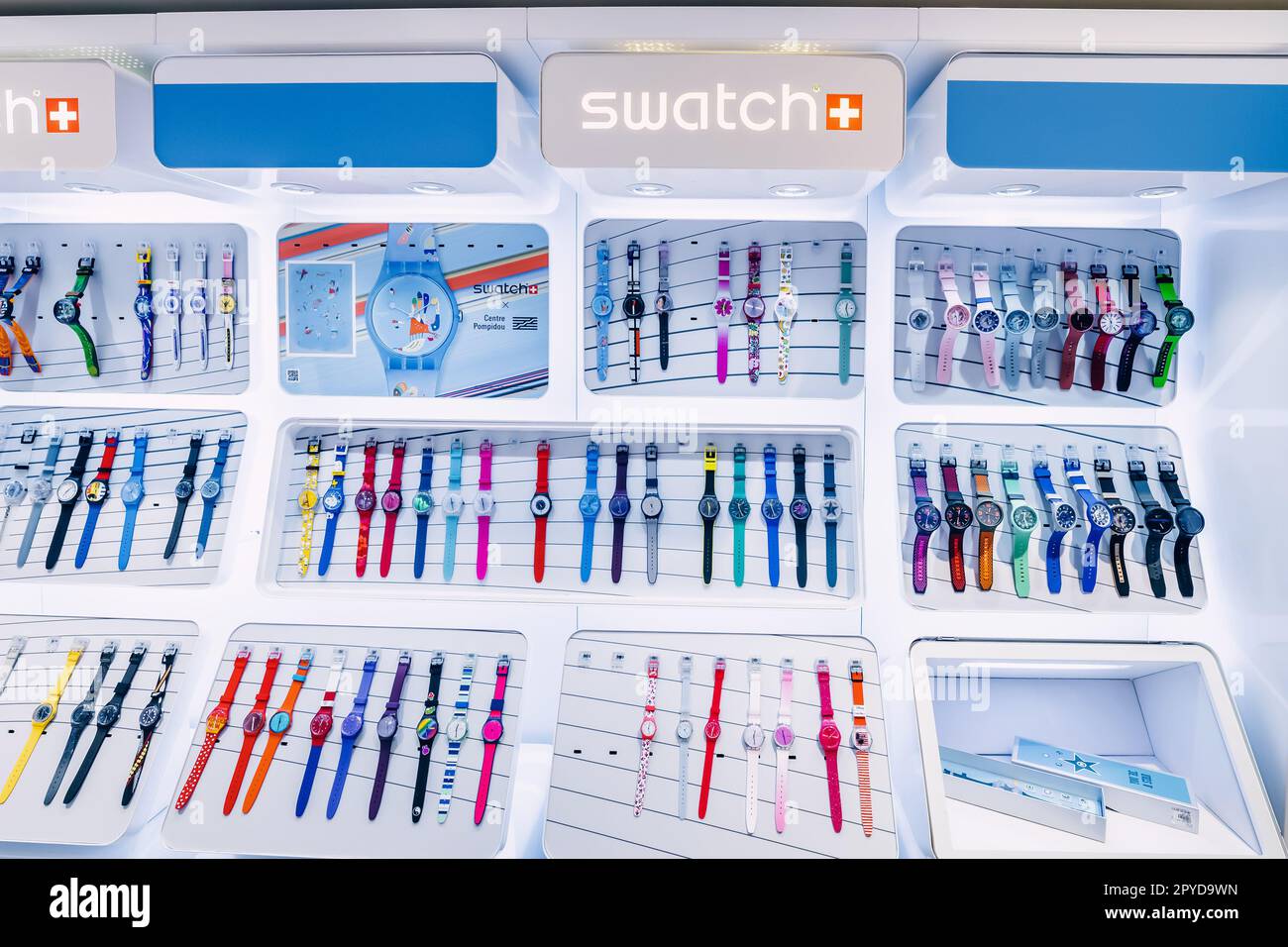 20 January 2023, Dubai, UAE: Watches of a famous Swatch swiss brand for ...