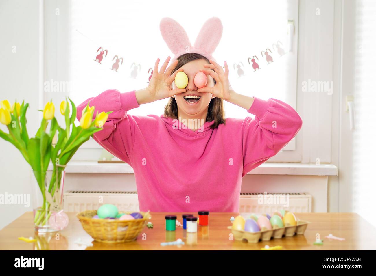 Happy Beautiful Young Woman Smiling Wearing Rabbit Ears Holding Easter