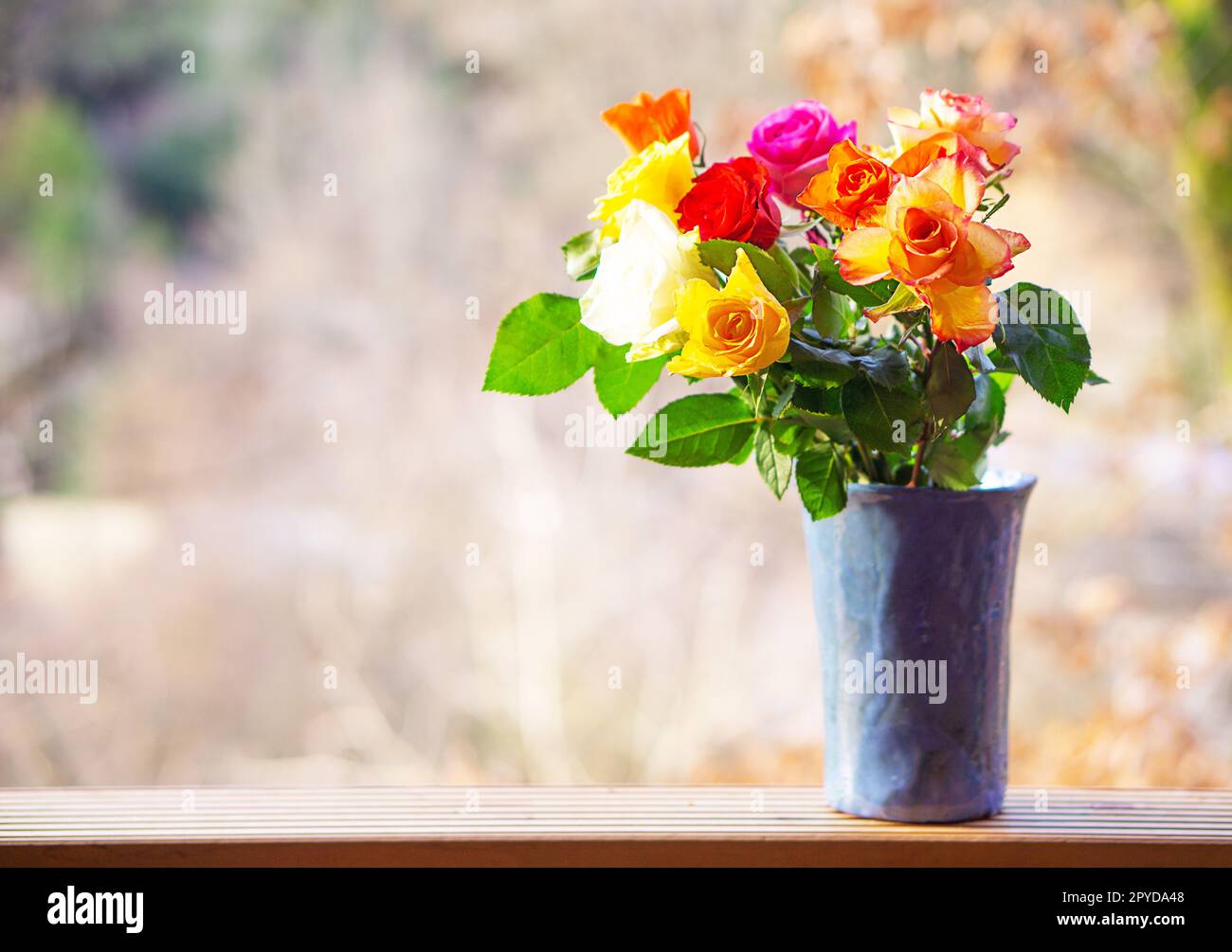 Early spring stil life with a bouquet of the colorful roses on the ...