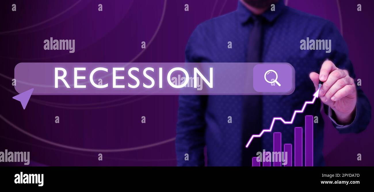 Text caption presenting Recession. Concept meaning the process of progressive decrease in ...