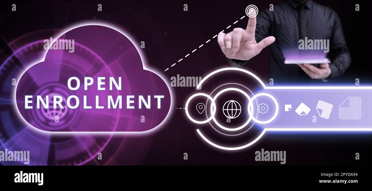Sign displaying Open Enrollment. Concept meaning The yearly period when ...