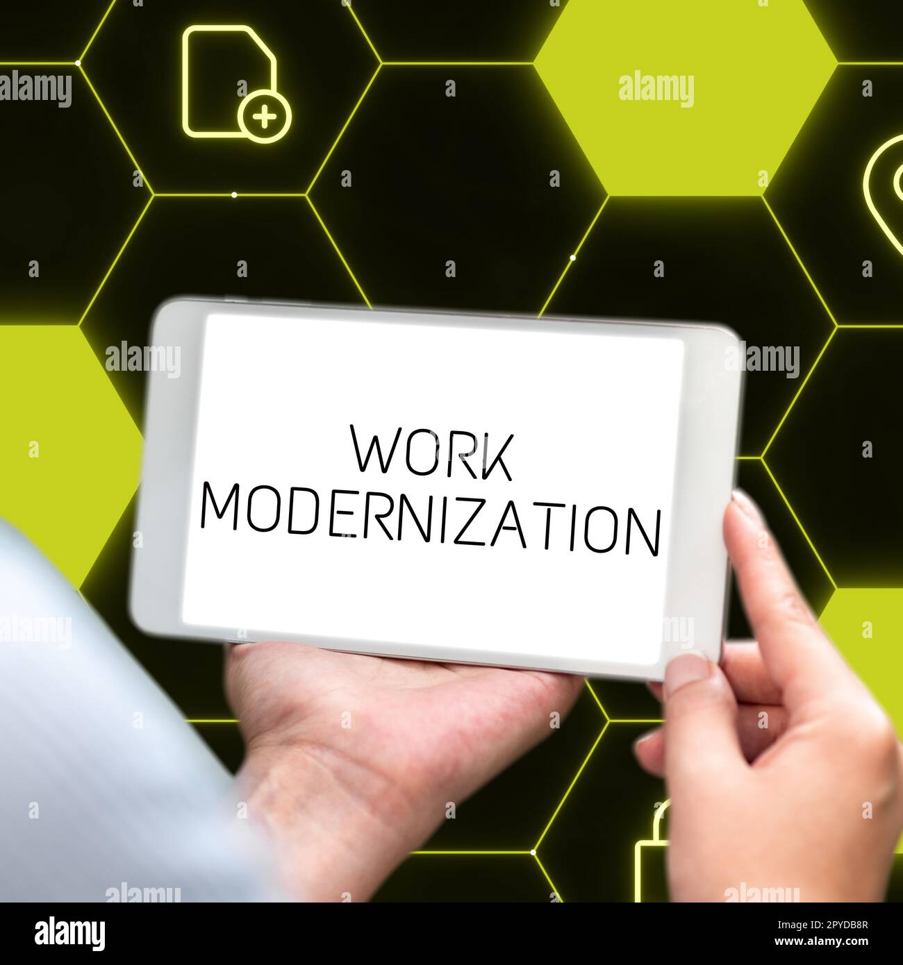 Conceptual caption Work Modernization. Business concept changing ...