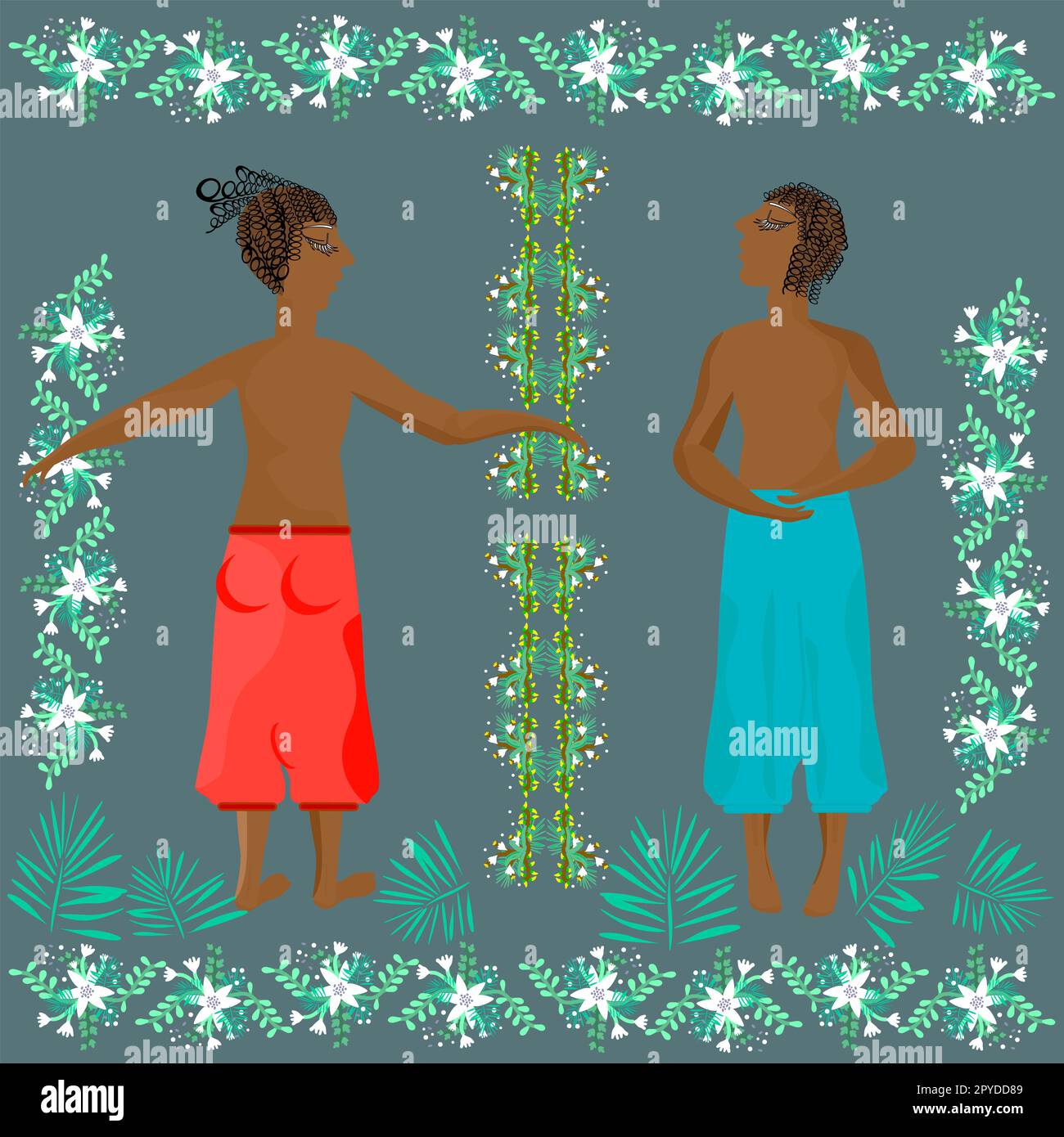 in a frame of flowers, two people in bloomers are standing opposite ...