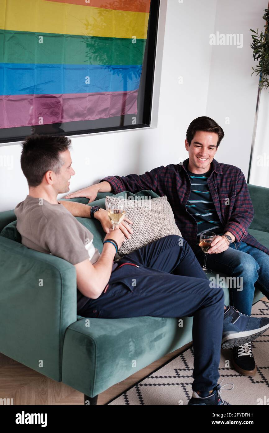 Two young men having a date at home with a few glasses of wine and ...