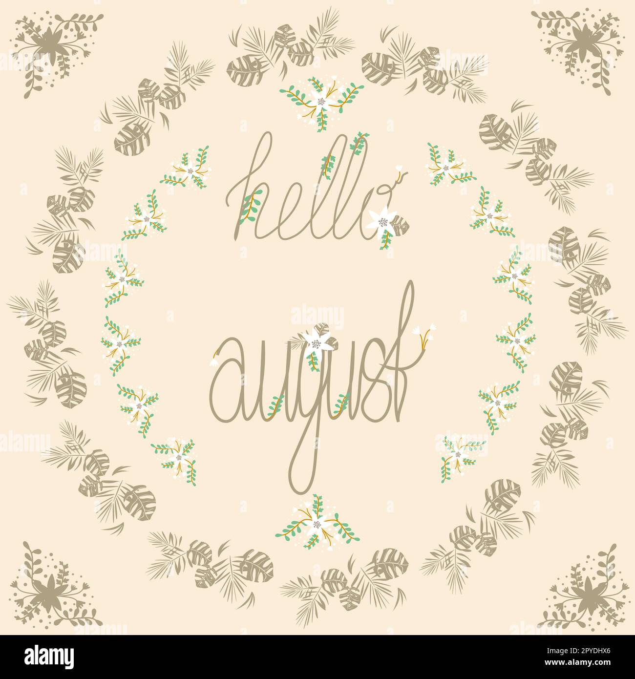 hello august banner square frame of white flowers on a light background ...