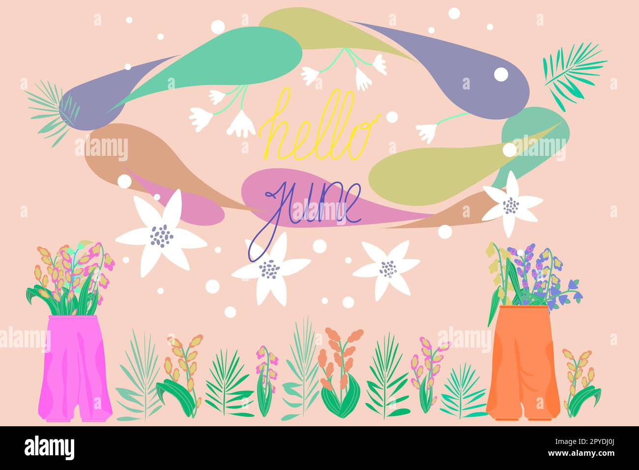 bright greeting card June with the image of bouquets of flowers in ...