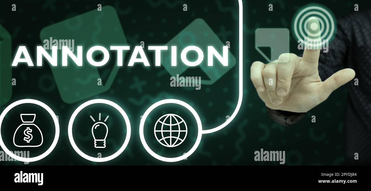 Conceptual caption Annotation. Business showcase note added by way of comment or explanation ...