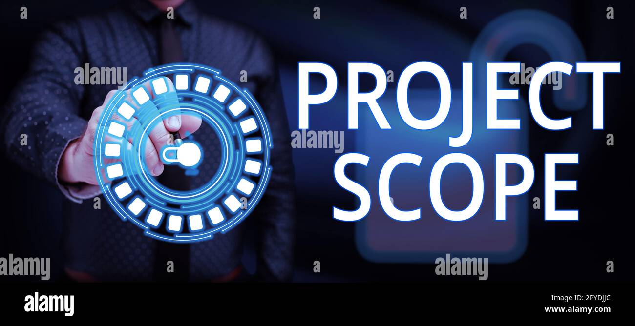 Hand writing sign Project Scope. Word Written on evaluation of work efforts a product ...
