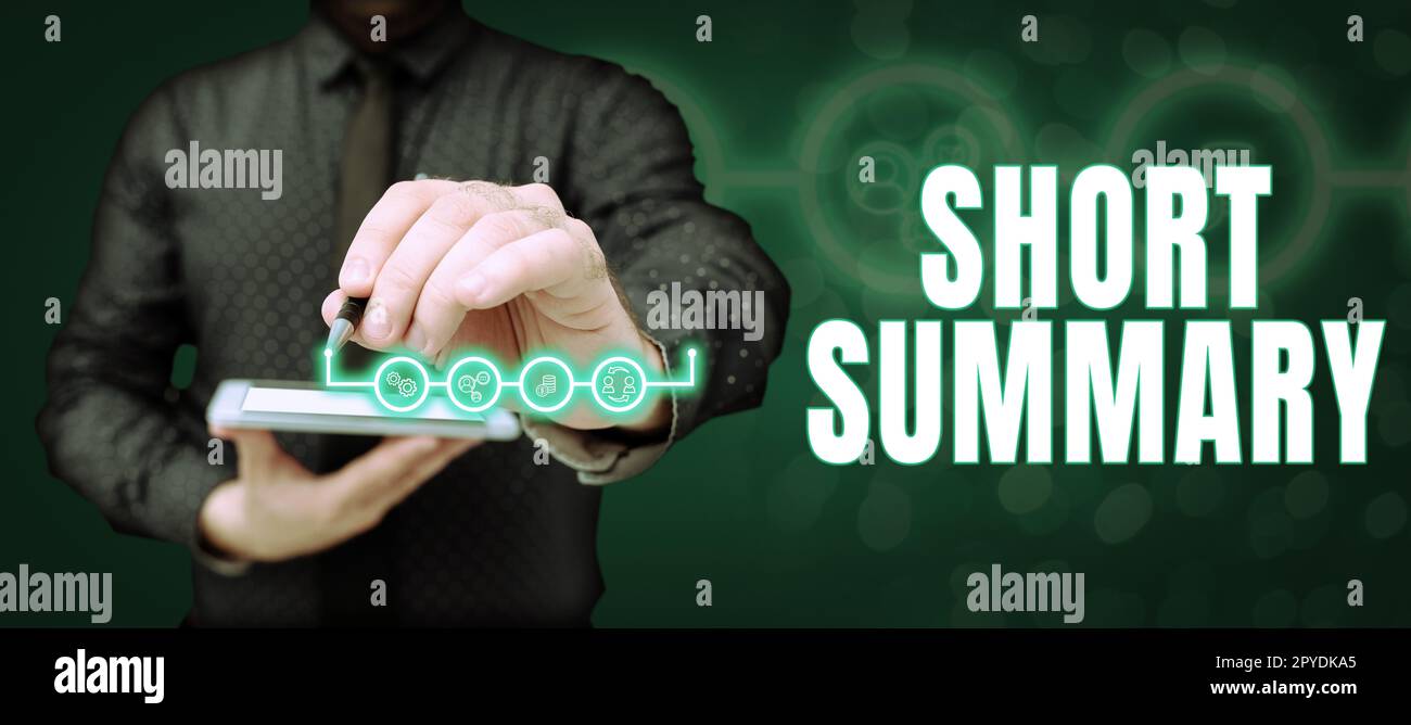 Writing displaying text Short Summary. Word Written on Brief statement of main points clear ...